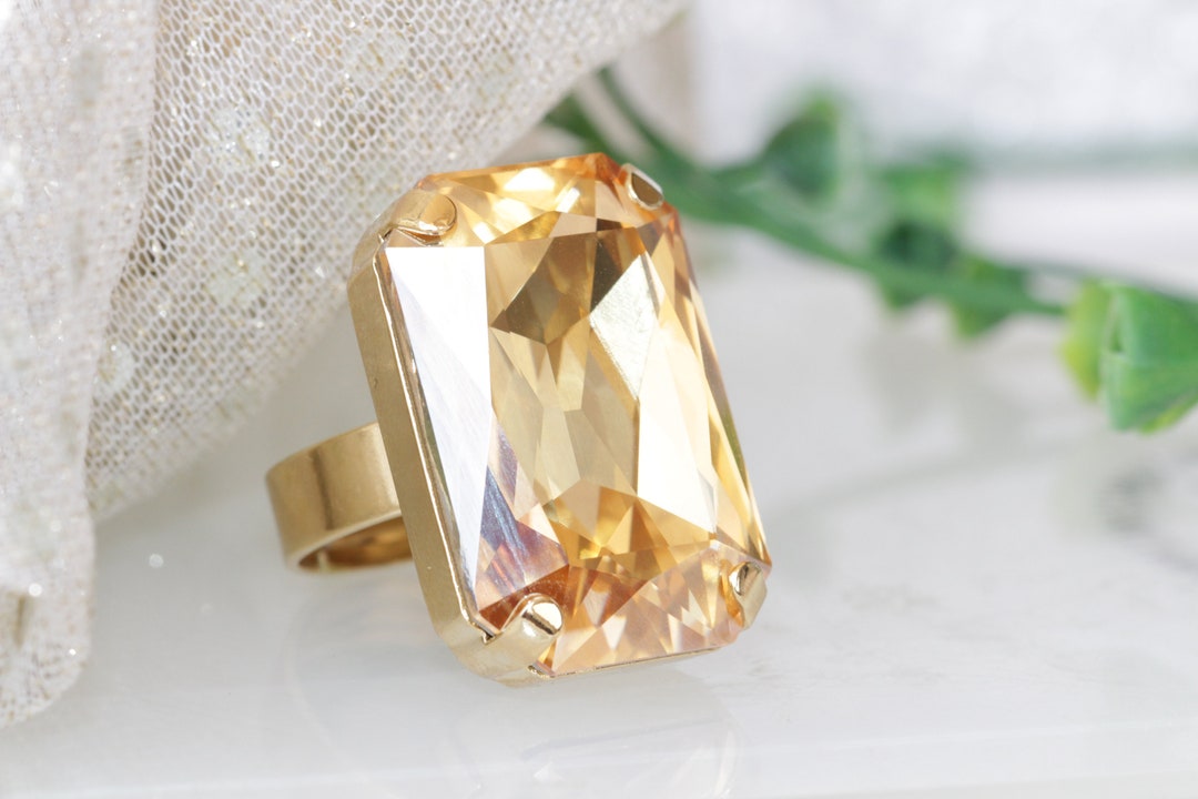 CHAMPAGNE GOLD RING, Genuine Crystal , Big Crystal Ring, Statement Ring ...
