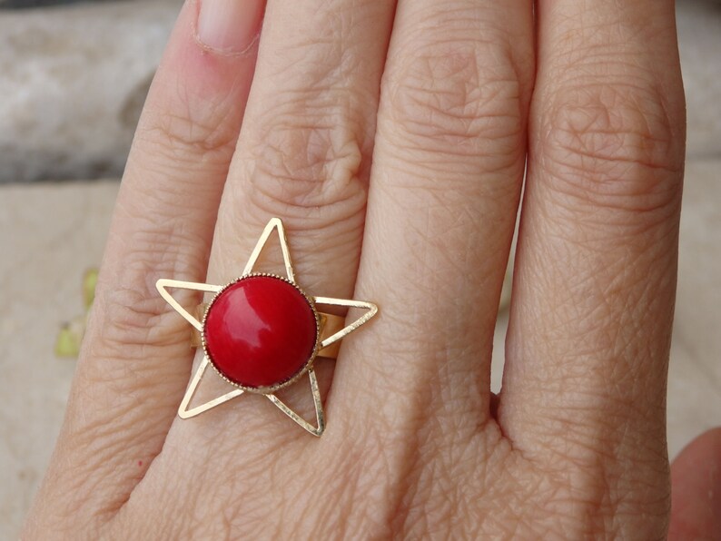 Red Coral Star Ring, Gold Plated Adjustable Gemstone Ring - Etsy