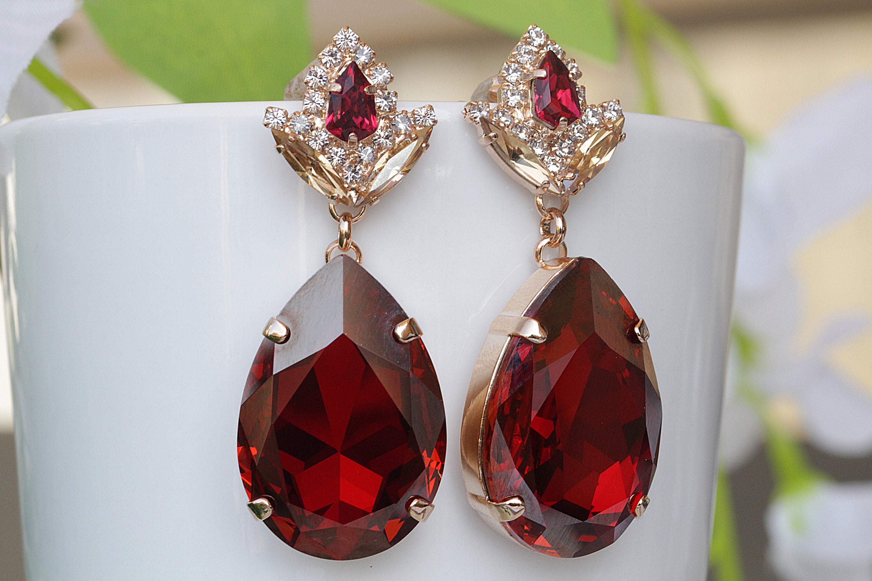 RED EARRINGS Red Ruby Earrings Big Dangle Earrings Bridal | Etsy