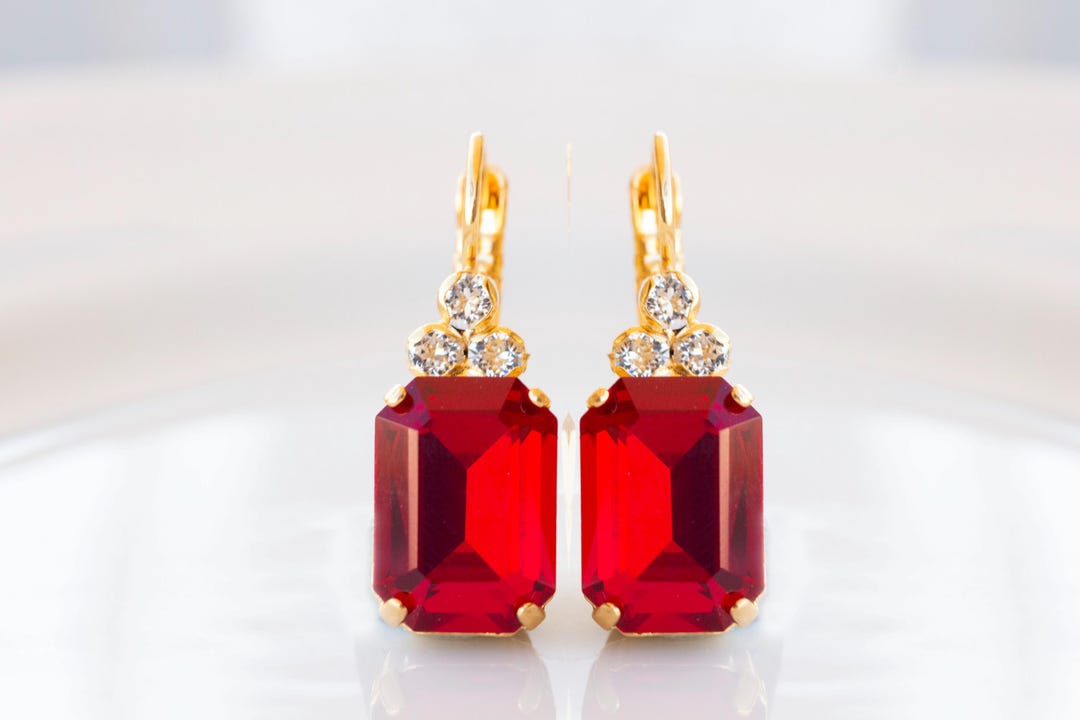 Ruby Red Crystal Drop Earrings: Bridal Minimalist Geometric Earrings ...