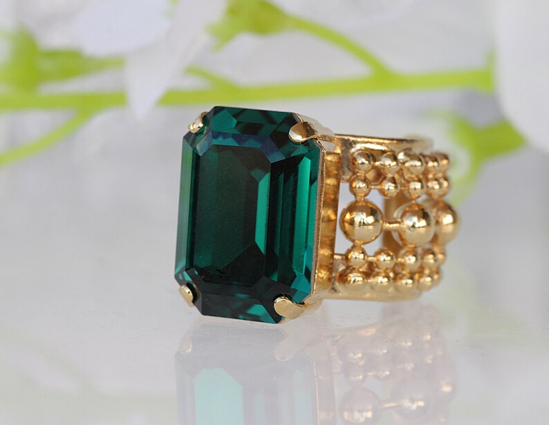 Emerald Crystal Ring, 24K Gold Plated, Chunky Art Deco Ring - Etsy