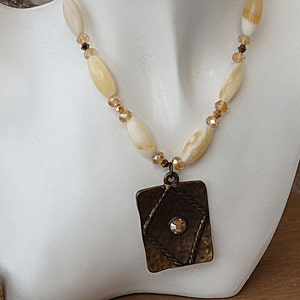 Yellow Jasper Beaded Necklace. Rectangle Pendant, Genuine Gemstone and ...