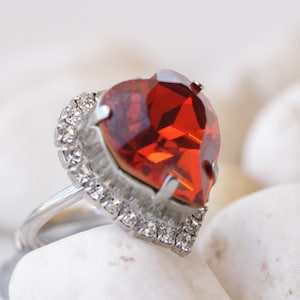 Ruby Red Crystal Heart Ring: Rose Gold Plated, Adjustable - Etsy