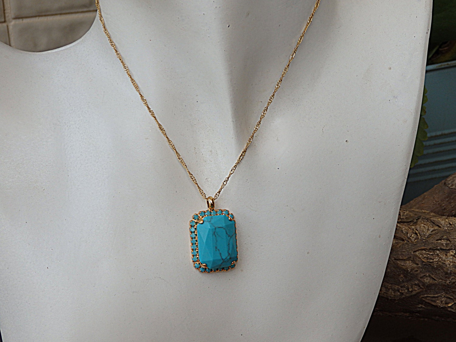 Rectangle Turquoise Necklace Turquoise Stone Pendant With - Etsy