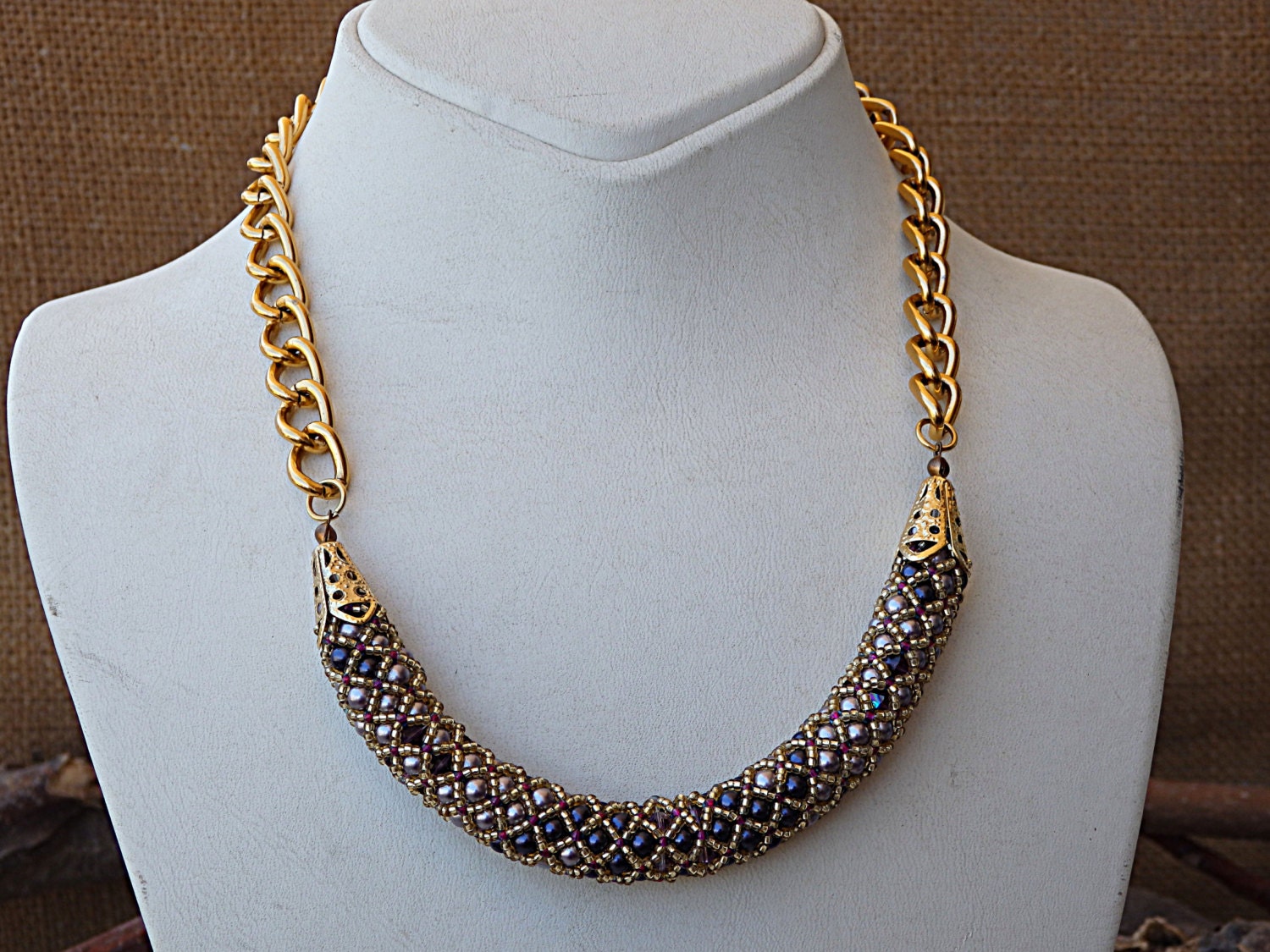 Beaded necklace. Beaded and chain necklace. Purple gold Big | Etsy