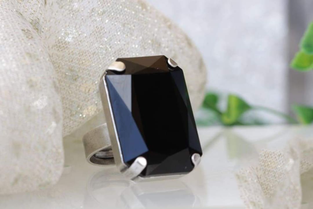 JET BLACK RING, Rectangle Ring, Big Crystal Ring, Statement Ring ...