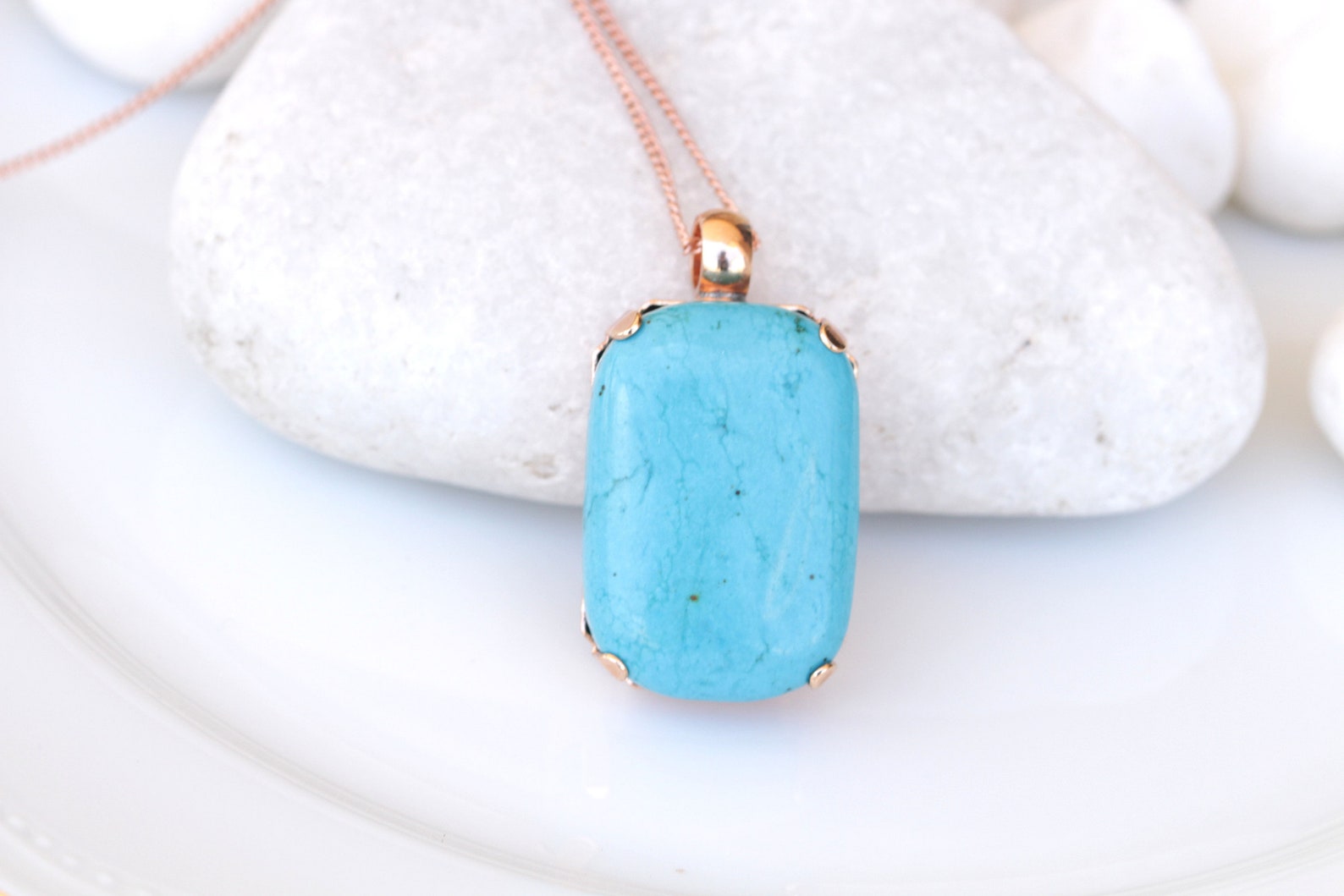 Turquoise Pendant Necklace: Rose Gold Plated, Gemstone Jewelry - Etsy