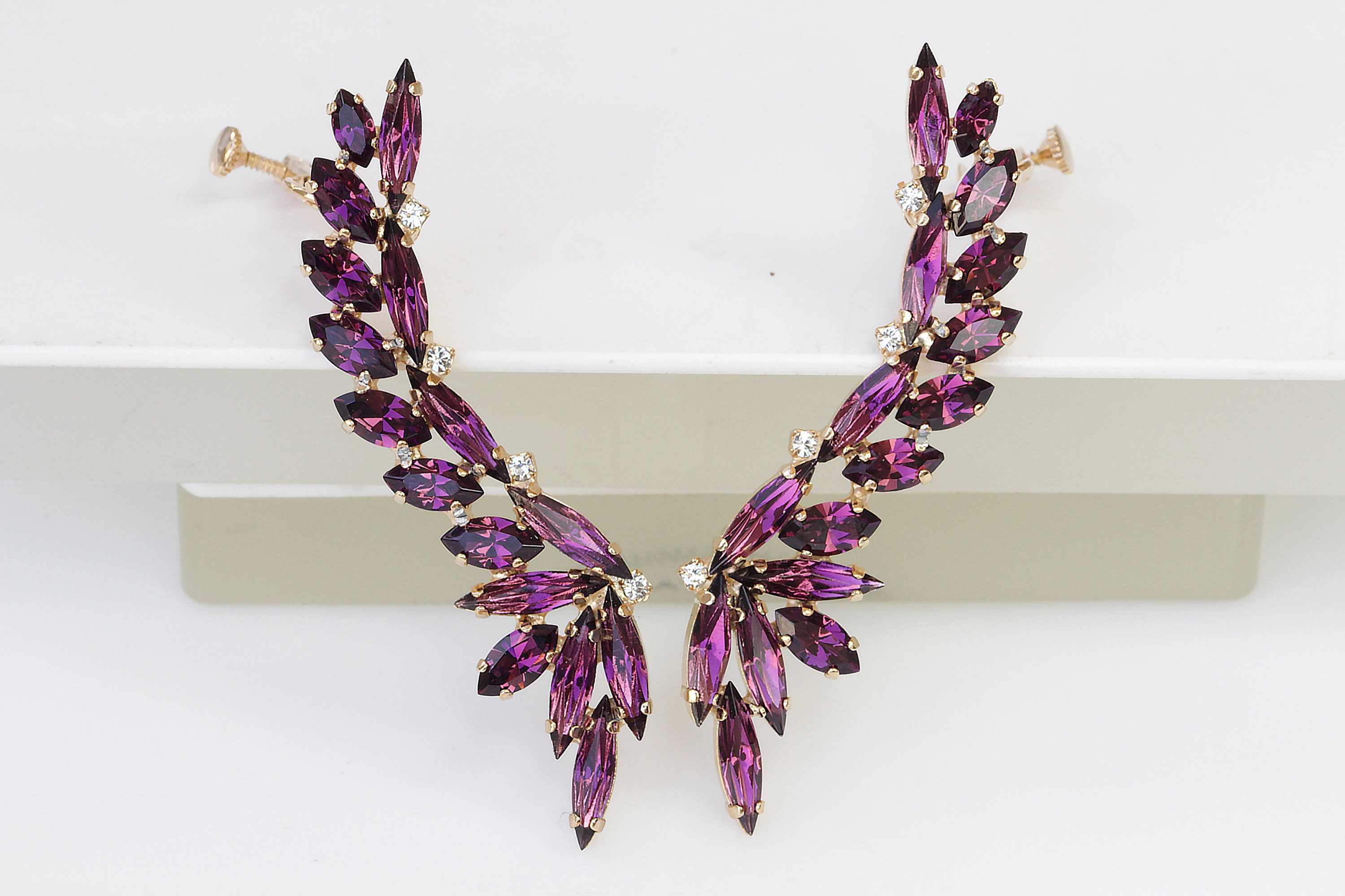 Amethyst Crystal Ear Climber Earrings, Bridal Statement Cuff - Etsy