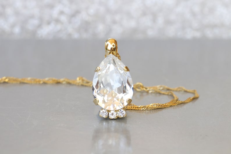 Bridal Teardrop Crystal Necklace, Clear Gold Jewelry Set, Simple Gift ...