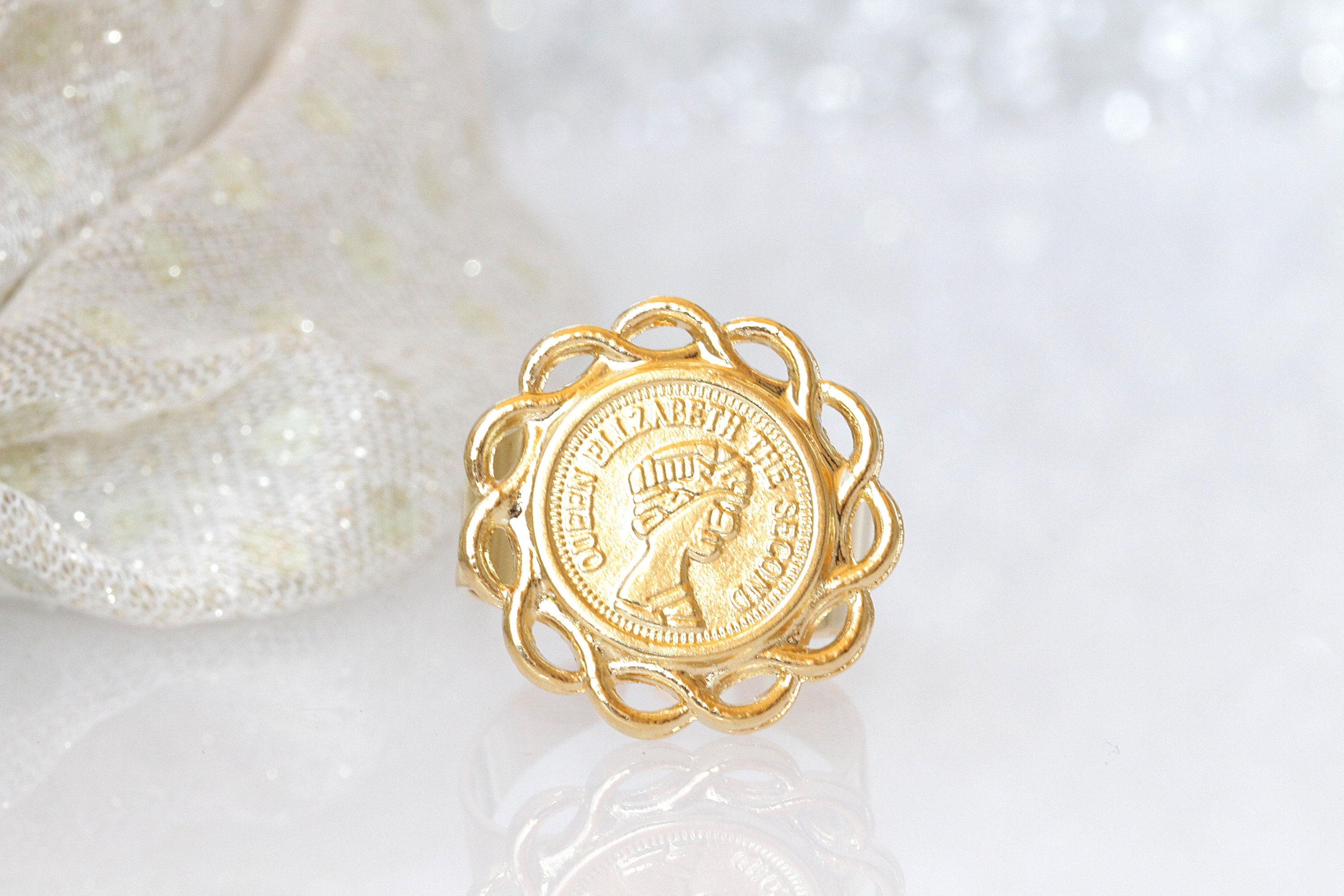 Gold Plated COIN Ring, Gold Coin Ring, Vintage Ring, Signet Ring, Flat ...