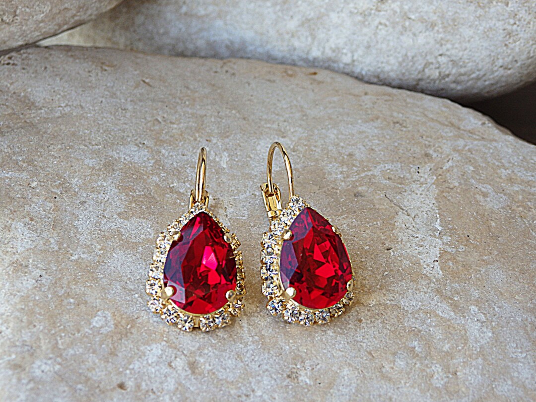 Red Crystal Tear Drop Earrings, Gift for Her, Bridal Chic - Etsy