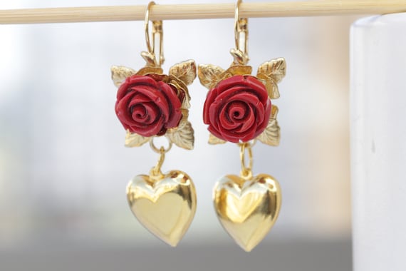RUBY Red FLOWERS EARRINGS Heart Shaped Earrings Coral Bridal - Etsy