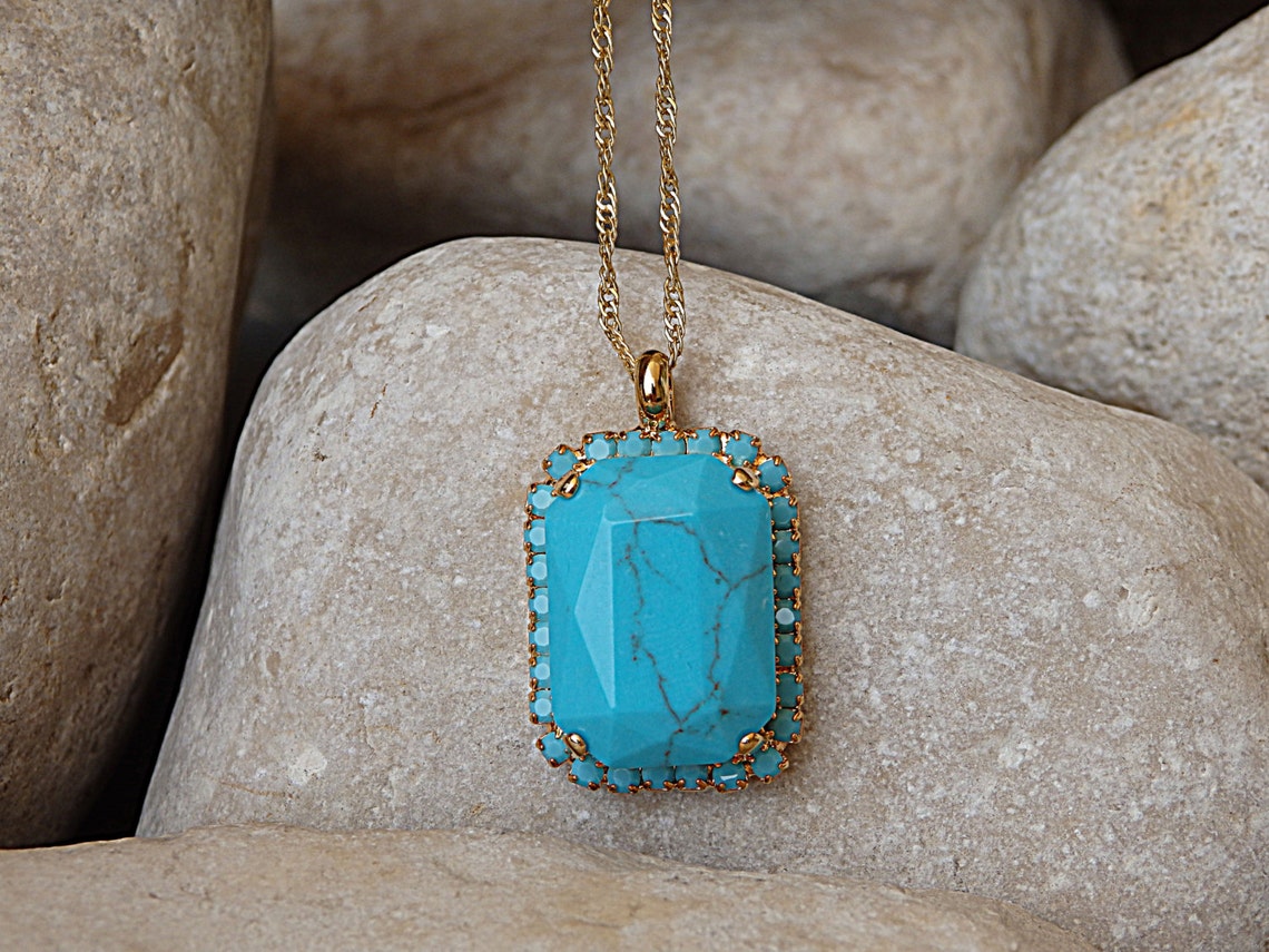 Rectangle Turquoise Necklace Turquoise Stone Pendant With - Etsy