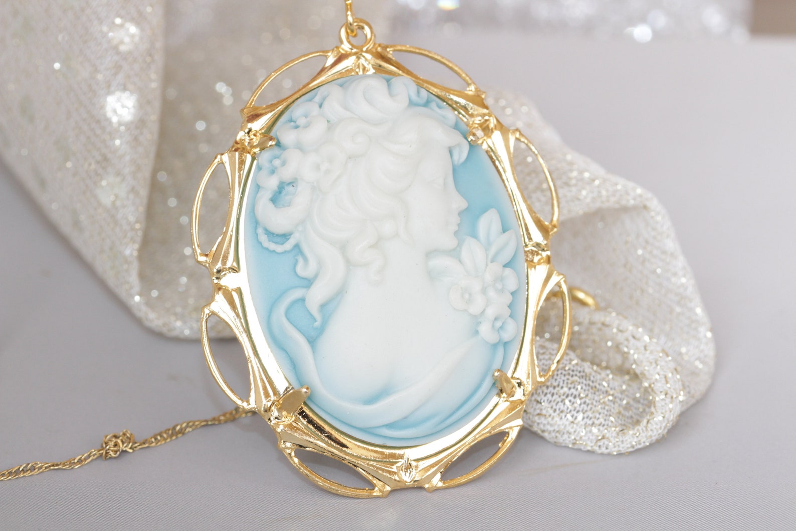 Cameo Necklace, Blue Cameo Pendant, Large Cameo Necklace, Lady Cameo ...