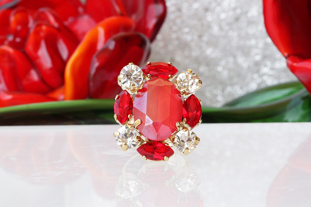 RUBY RED RING, Red Crystal Ring, Red Gold Ring, Multi Stone Ring, Big ...