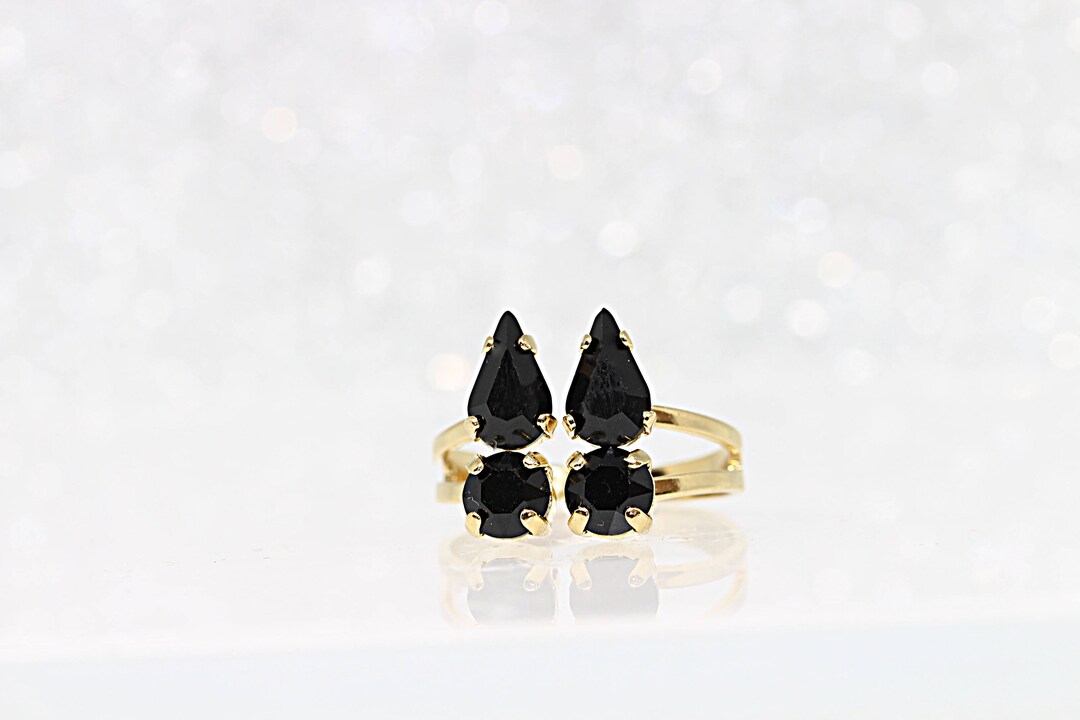 Black Ring, Black Crystal Ring, Black and Gold Jewelry, Jet Black Ring ...