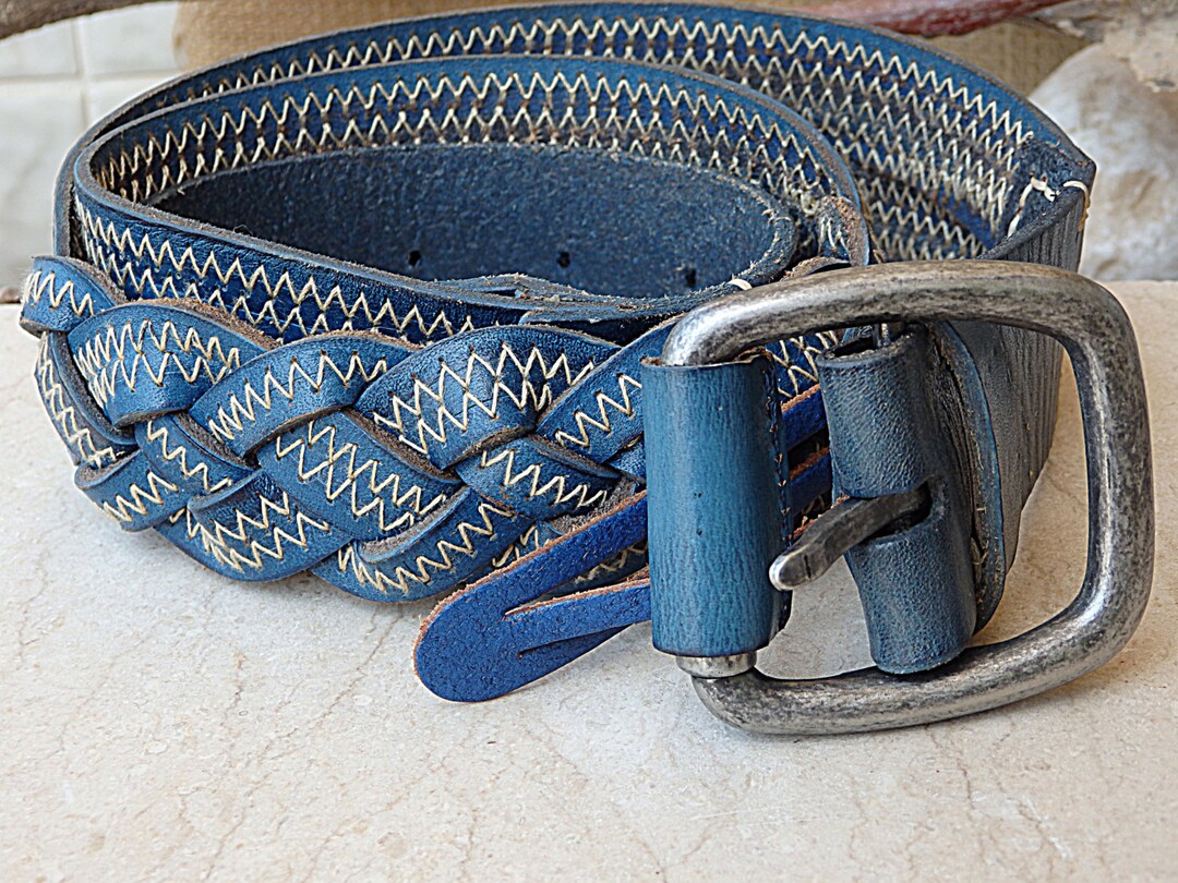 Blue Braided Leather Belt: Unisex Denim Style With White Stitching - Etsy
