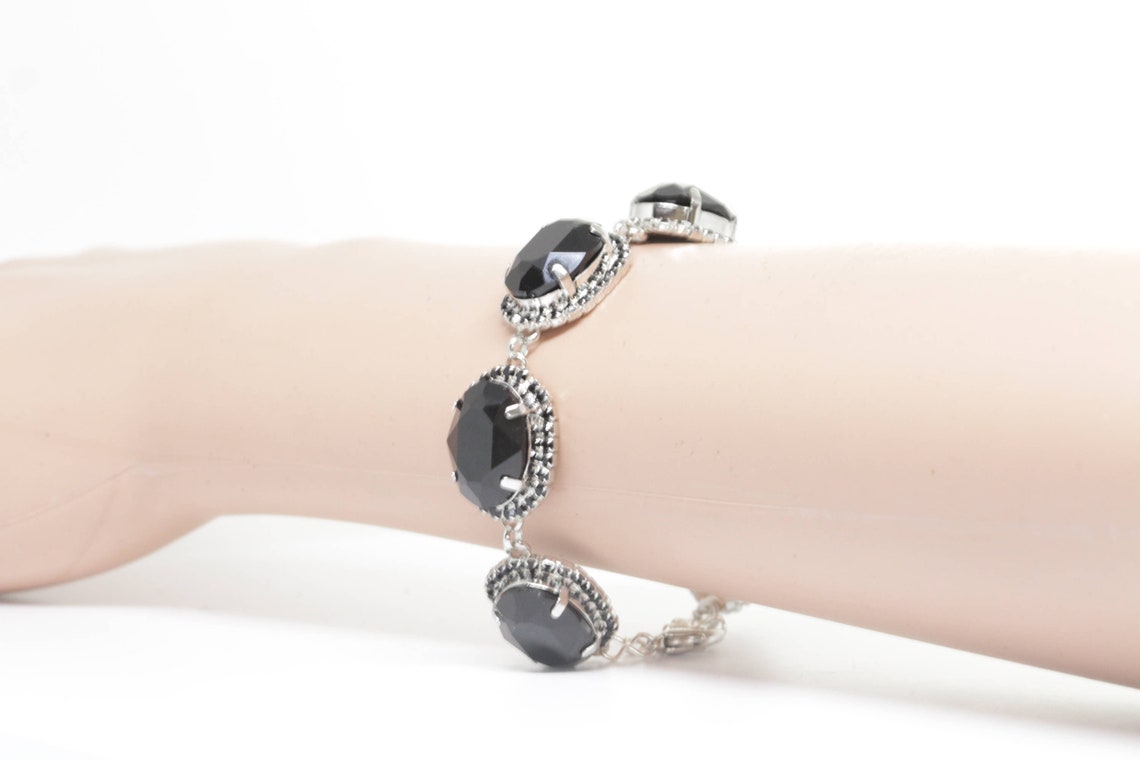 Black Crystal Bracelet, Jet Wedding Bracelet, Evening Bracelet, Oval ...