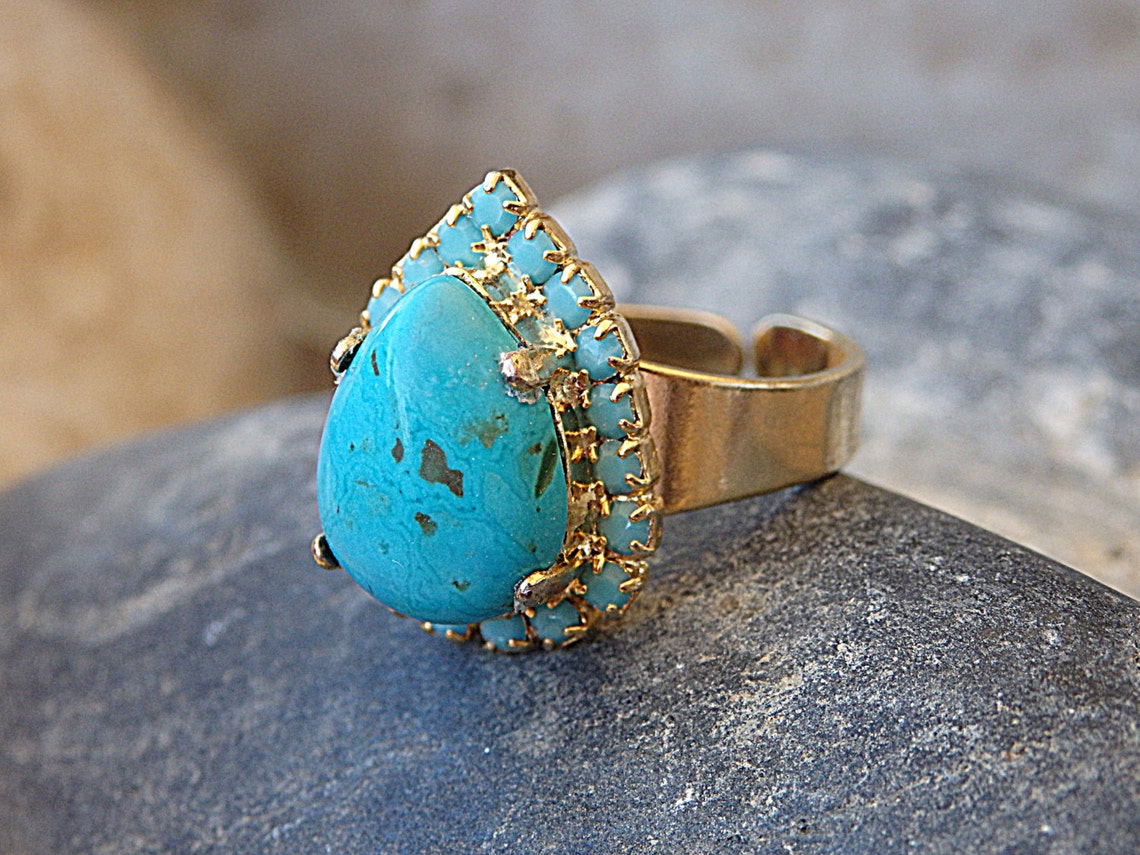 Turquoise Teardrop Ring, Gold Ring With Turquoise Stone, Blue Statement ...