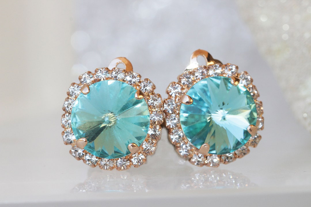 Teal Crystal Stud Earrings: Light Blue Turquoise Bridal Bling Studs - Etsy