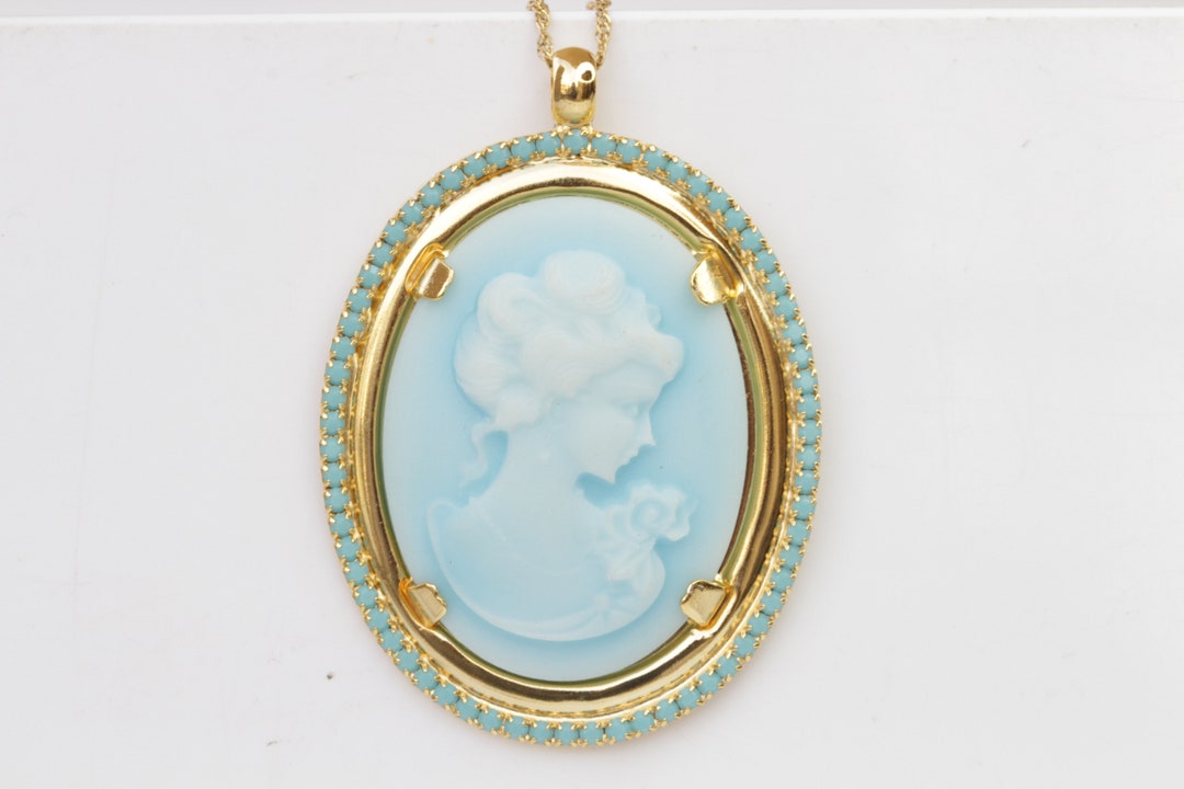 TURQUOISE CAMEO NECKLACE, Statement Blue Gold Cameo Necklace, Necklace ...