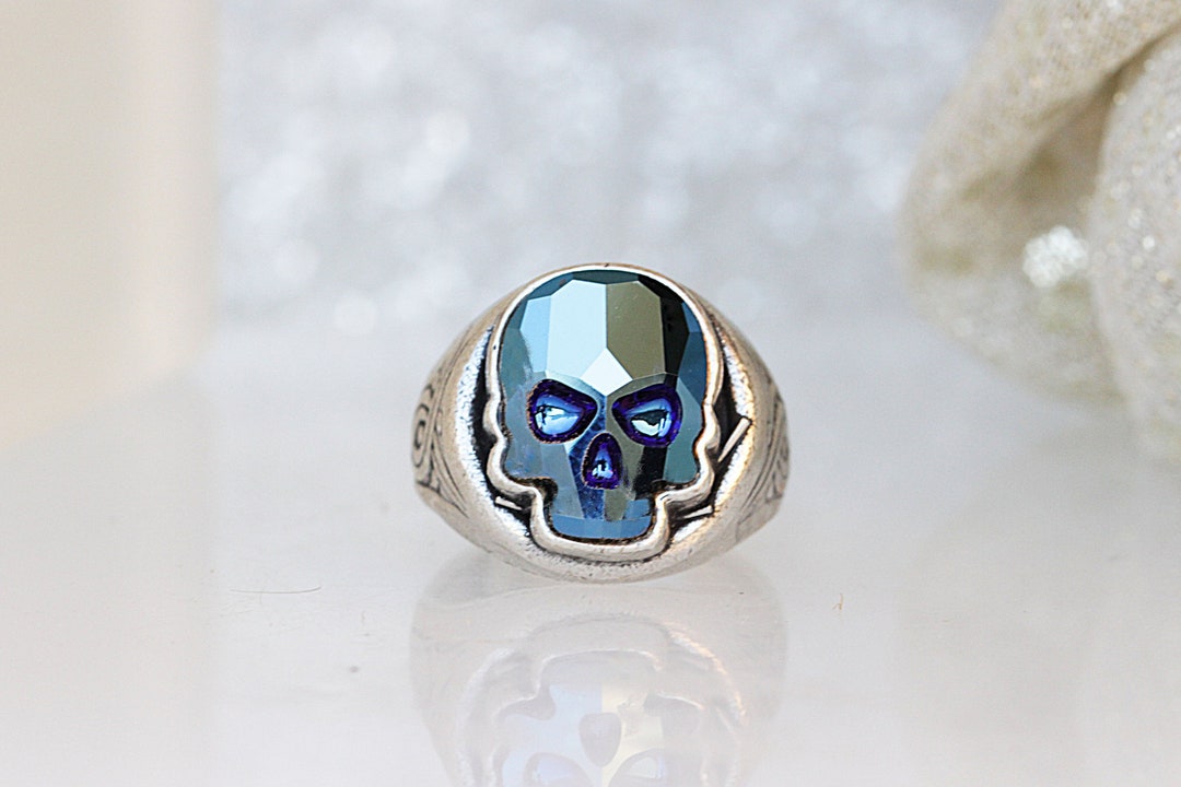 Silver Skull Ring, Skull Ring, Blue Skull Crystal Ring, Sugar Skull ...