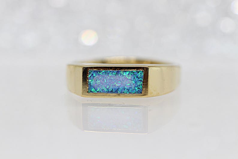 Rectangle Opal Ring Gold Fire Opal Signet Ring Blue Opal - Etsy