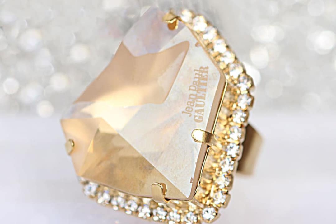 24K Gold Plated Crystal Cocktail Ring, Adjustable, Huge Ring - Etsy