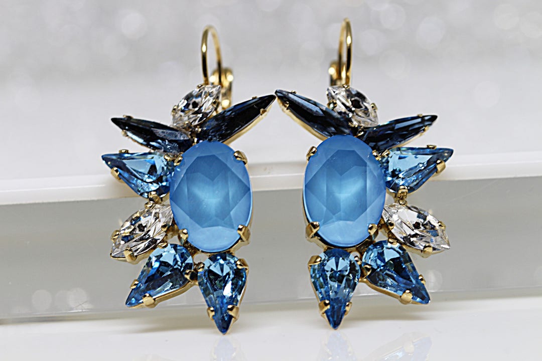 Blue Crystal Drop Earrings, Blue Navy & Aquamarine, Bridesmaid Jewelry ...