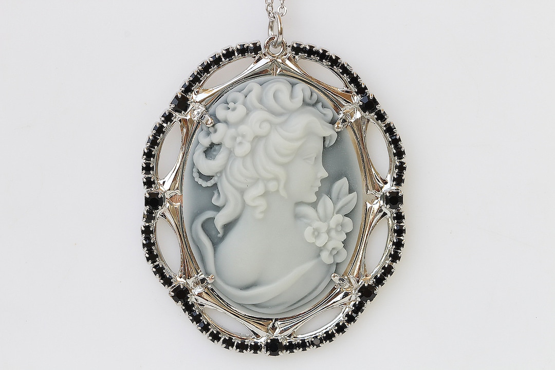 Cameo Necklace, Gray BLACK Cameo Pendant, Large Cameo Necklace ...
