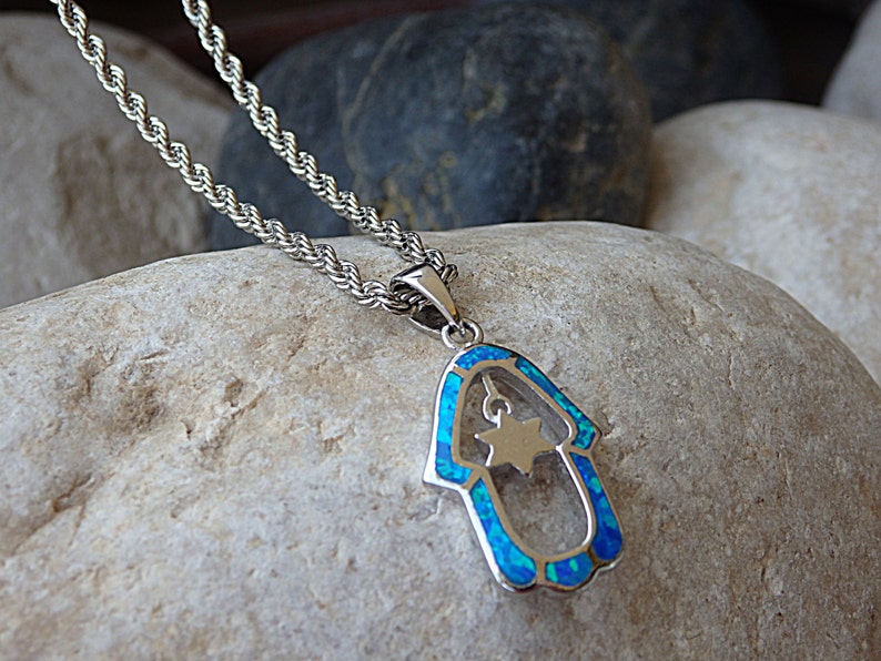 Blue Opal Hamsa Necklace 925 Sterling Silver Opal Hamsa | Etsy