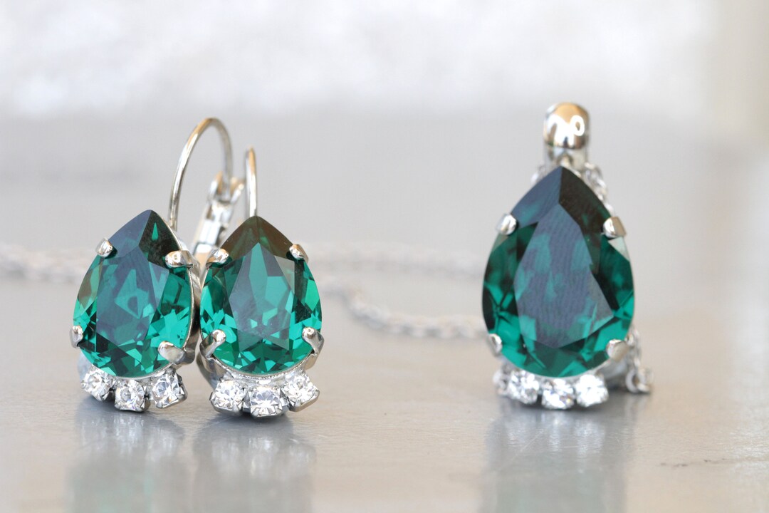 EMERALD JEWELRY SET, Dark Green Necklace and Earrings, Wedding Emerald ...