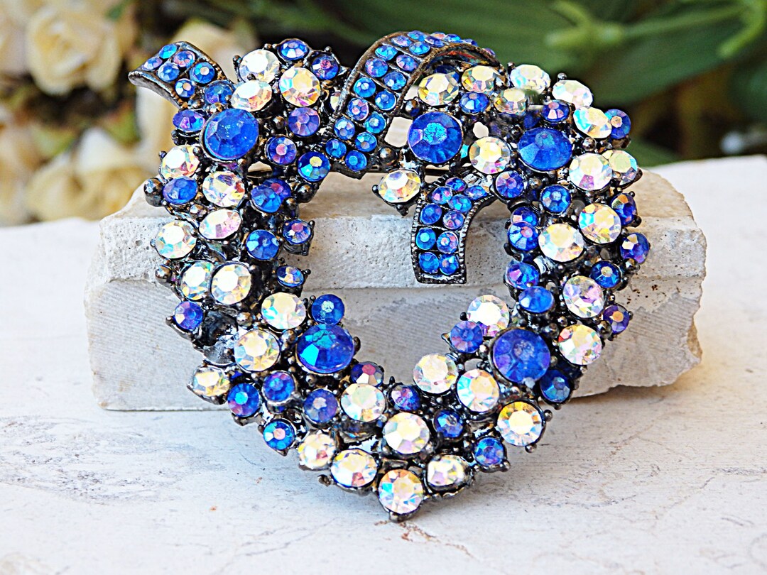 Sapphire Crystal Heart Brooch: Blue Rhinestone Pin - Etsy