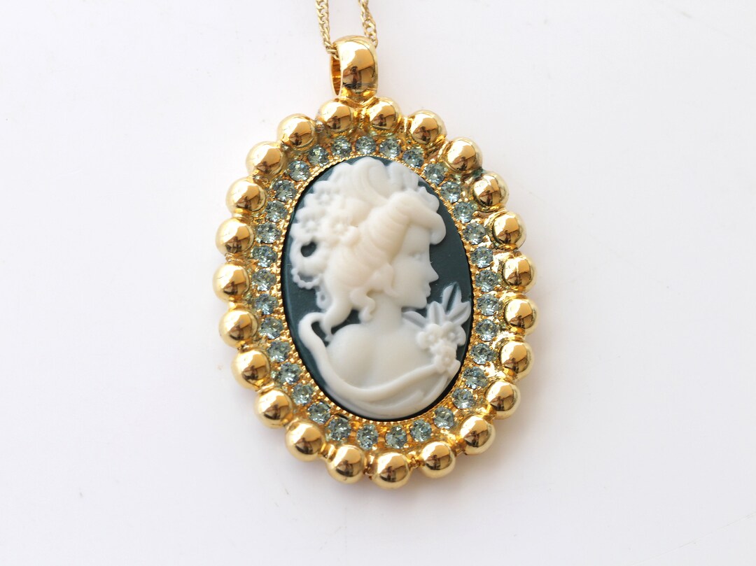 Blue Cameo Pendant Necklace, Victorian Style, Crystal Accent - Etsy