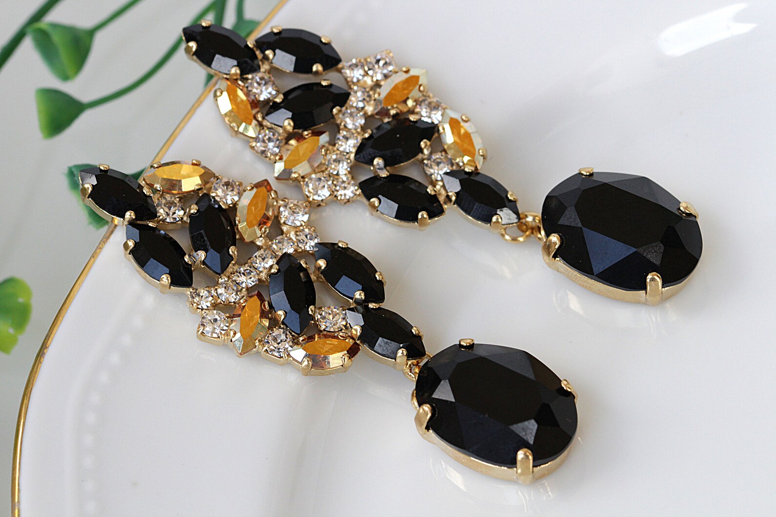 BLACK GOLD EARRINGS Bridal Gold Black Evening Earrings Long | Etsy