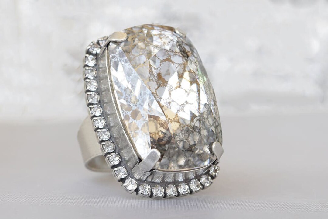 SILVER OXIDE RING, Crystal Ring, Adjustable Ring, Big Ring, Rectangle ...