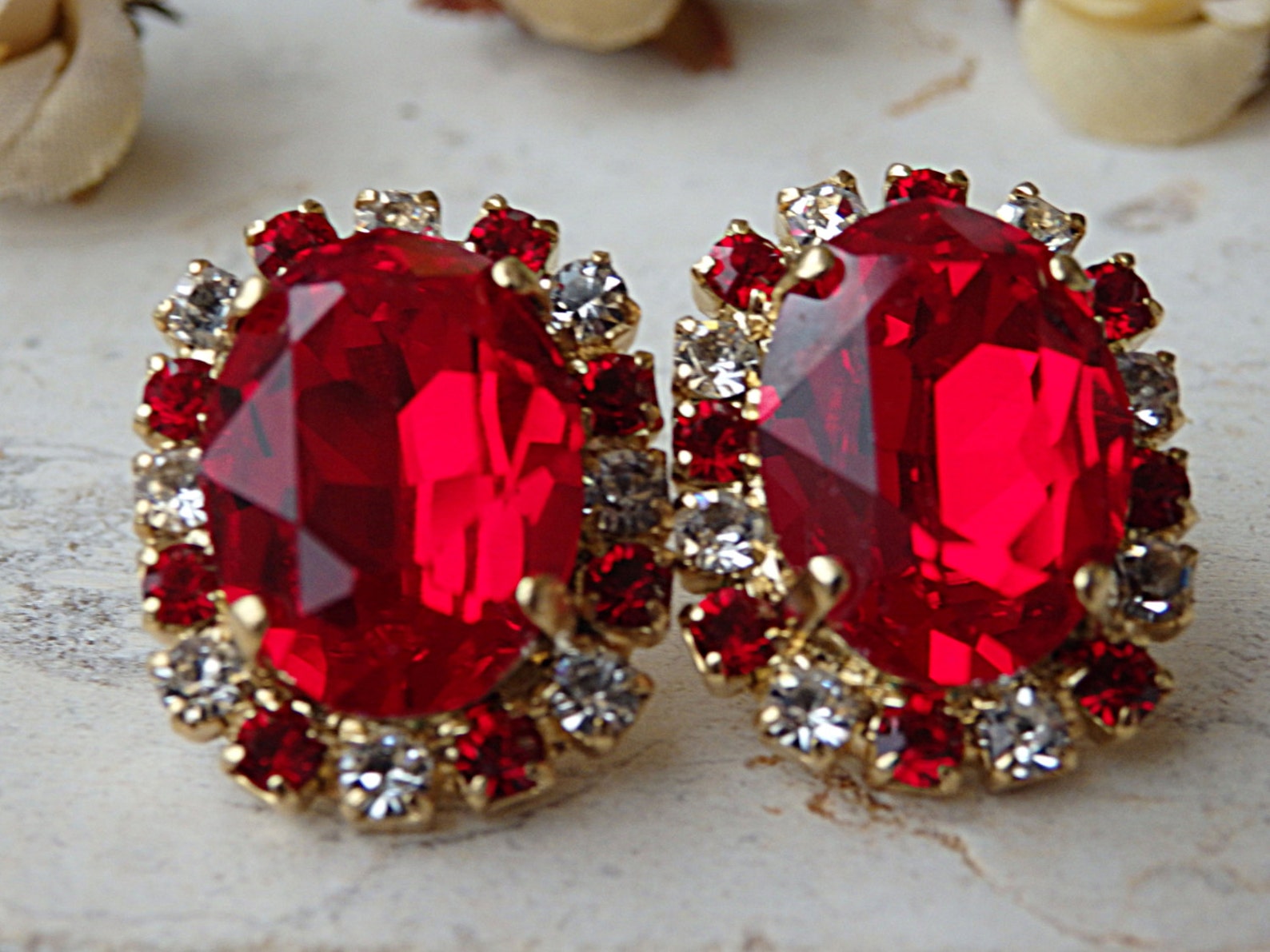 Ruby Red Earrings Gold Red Earrings Red Oval Earrings Wife - Etsy