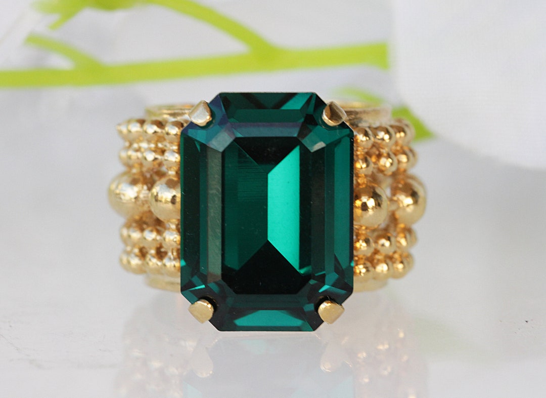 Emerald Crystal Ring, 24K Gold Plated, Chunky Art Deco Ring - Etsy