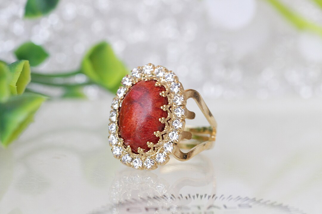 Orange Coral Ring: Vintage Style Gold Plated Crystal Ring - Etsy