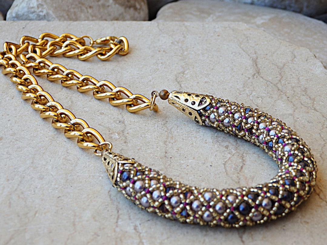 Beaded Necklace. Beaded and Chain Necklace. Purple Gold Big Necklace ...