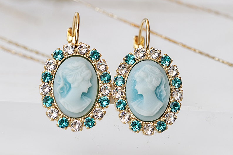 BRIDESMAID SET Blue White Cameo Set Earring Necklace Set | Etsy