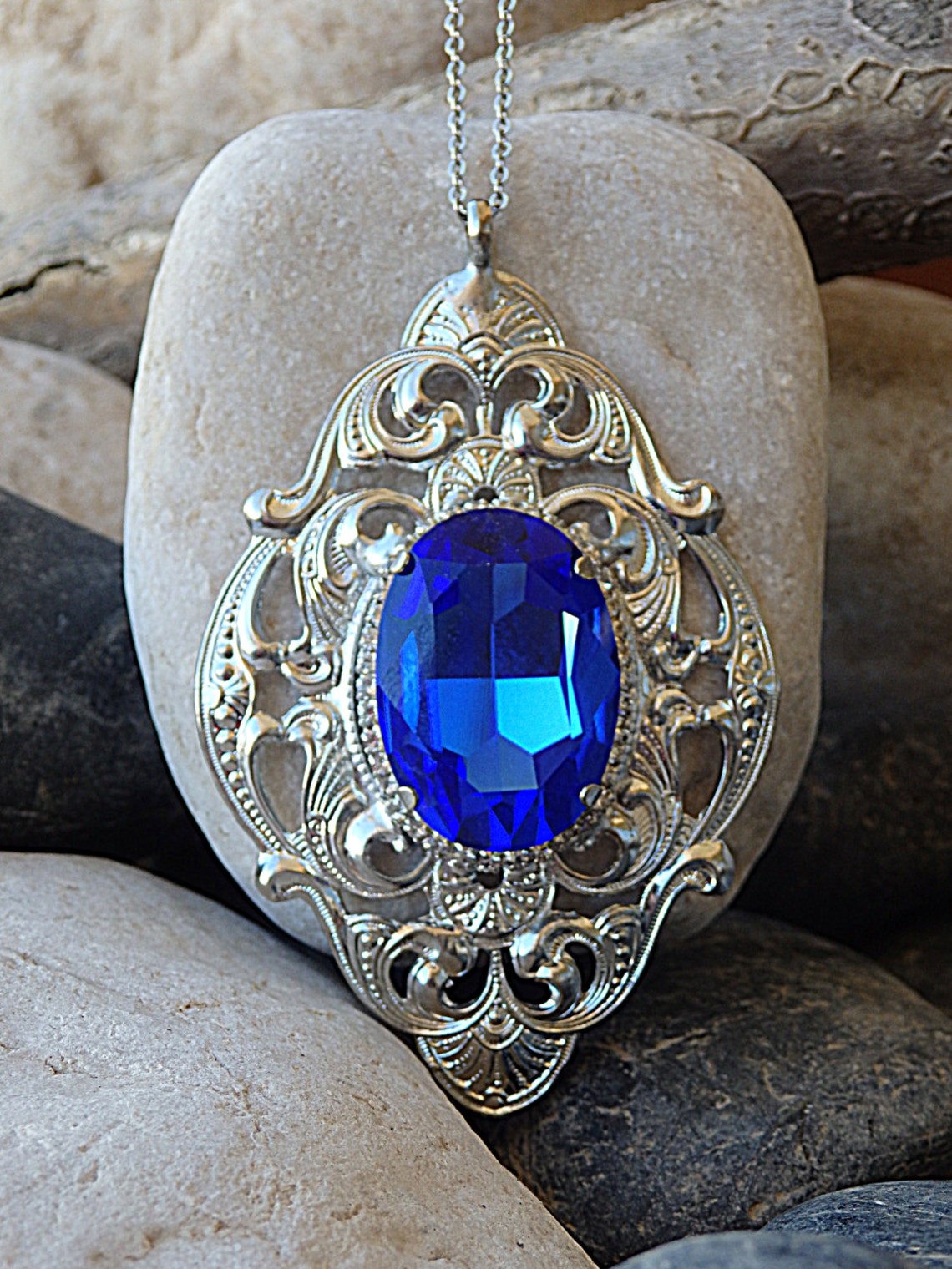 Blue Royal Necklace. Necklace. Long Necklace. Filigree Silver - Etsy