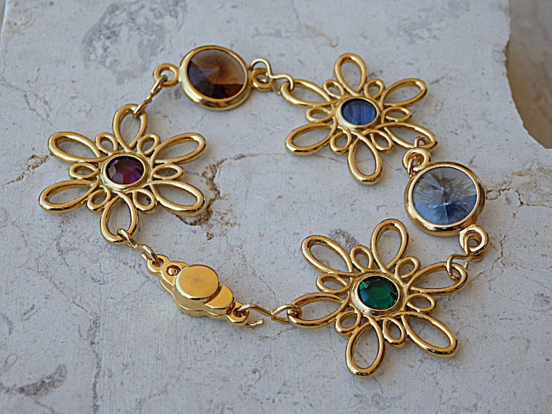 Colorful Floral Bracelet, Flower Link Bracelet, Multicolor Gold ...