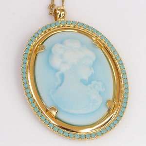 Turquoise Cameo Necklace, Statement Blue Gold Vintage Style Pendant - Etsy