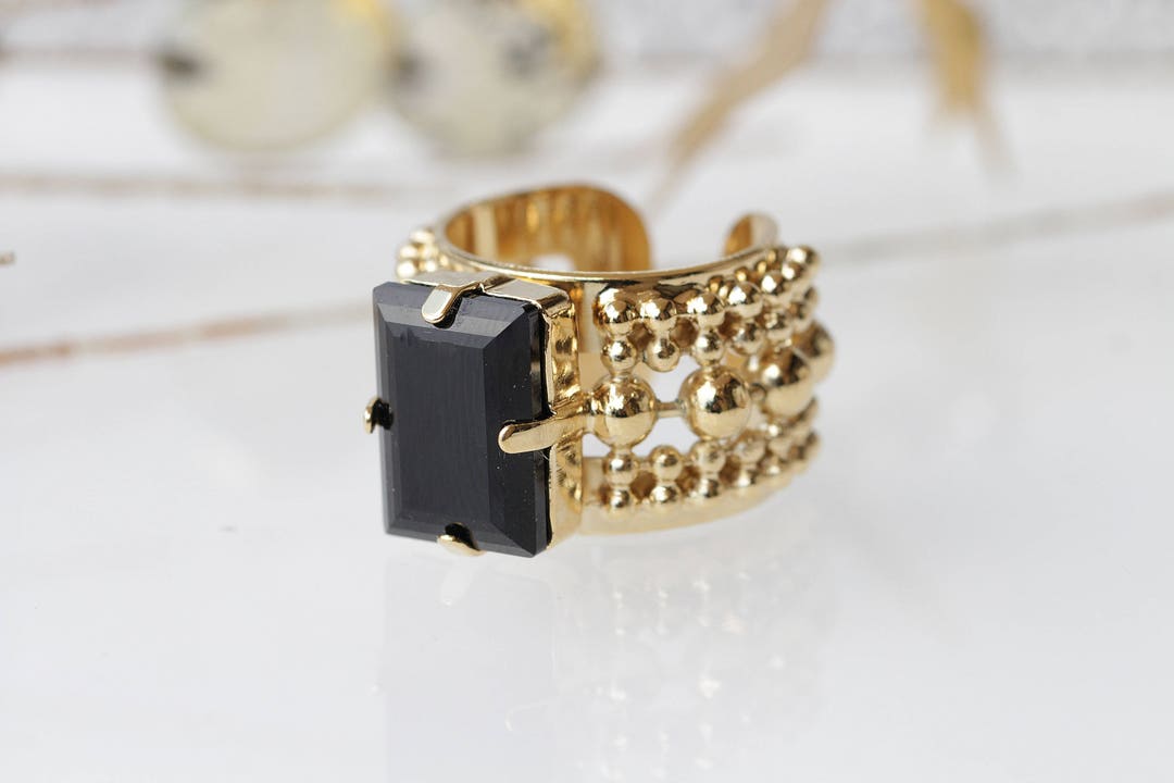 BLACK COCKTAIL RING, Unique Ring, Rectangular Ring, Art Deco Ring, Big ...