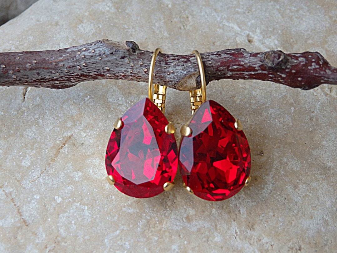 Red Ruby Drop Earrings, Gold Red Earrings, Red Teardrop Earrings, Wife ...