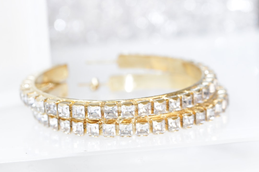 CLEAR HOOP EARRINGS, Extra Large Rhinestone Earrings, Gold Plated ...