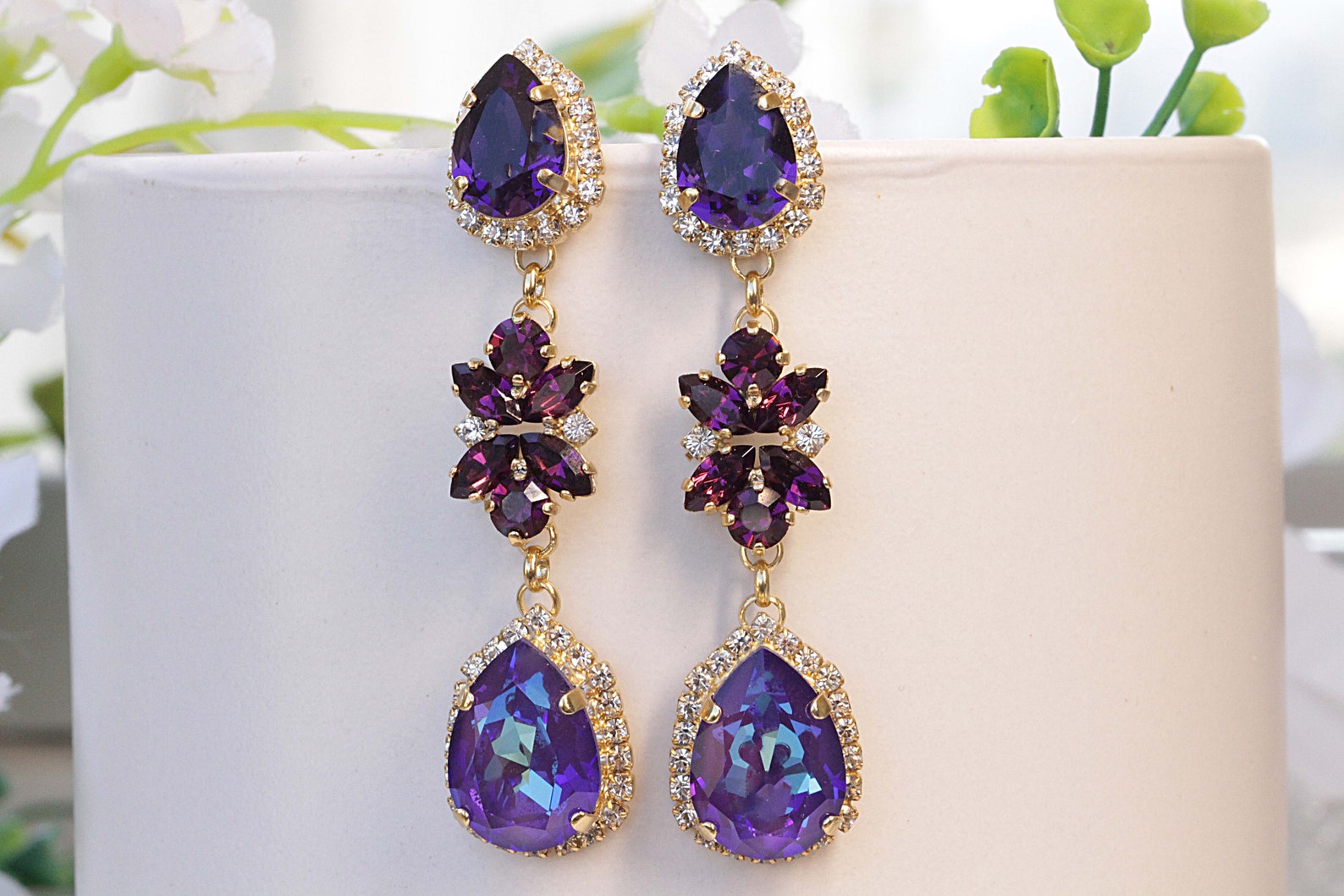 Amethyst Crystal Chandelier Earrings, Wedding Deep Purple Bridal ...