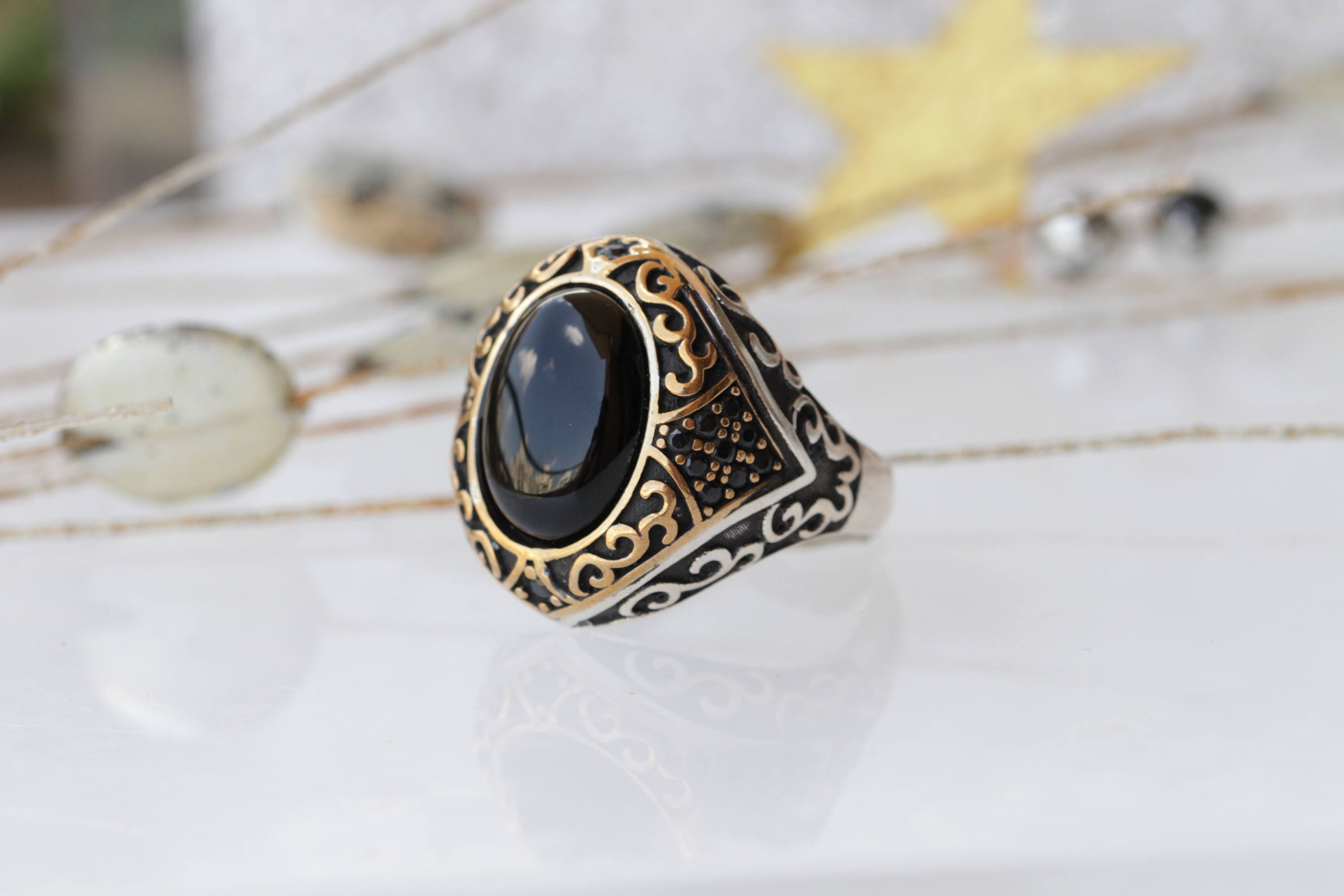 BLACK GEMSTONE RING Men Signet Ring Mixed Metals Ring | Etsy