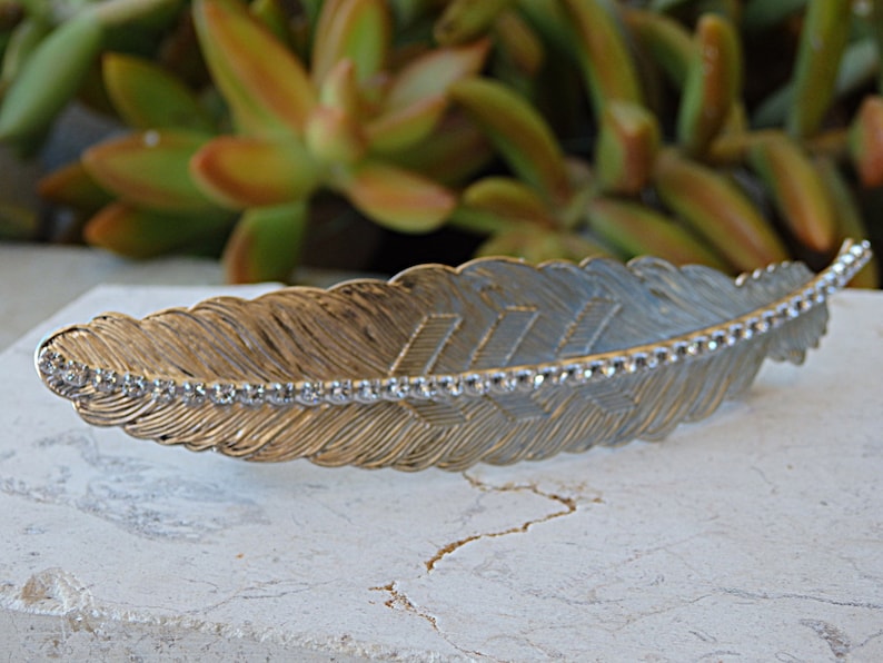 Feather Hair Barrette, Gold Crystal Rhinestone Barrette, Gold Plated ...